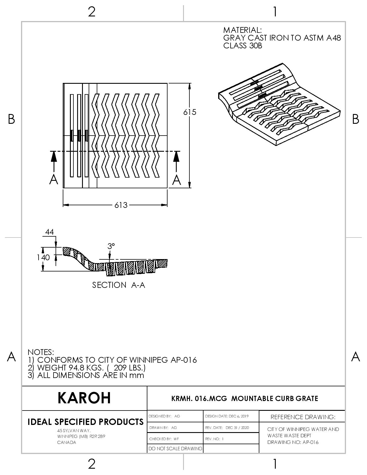 KR016 ROLLED FACE CURB SQ CATCH BASIN GRATE - Ideal Specified Products KR016 ROLLED FACE CURB SQ CATCH BASIN GRATE - Ideal Specified Products